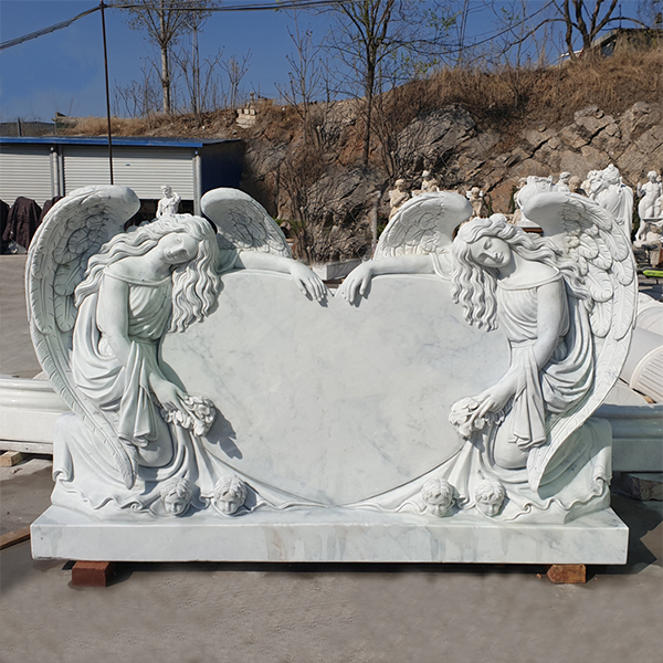 Hand-Carved Marble Angel Heart Headstone with Two Angel Sculptures ...